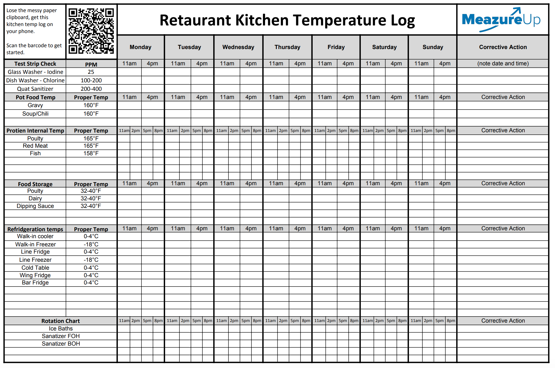 Restaurant Temperature Log Template